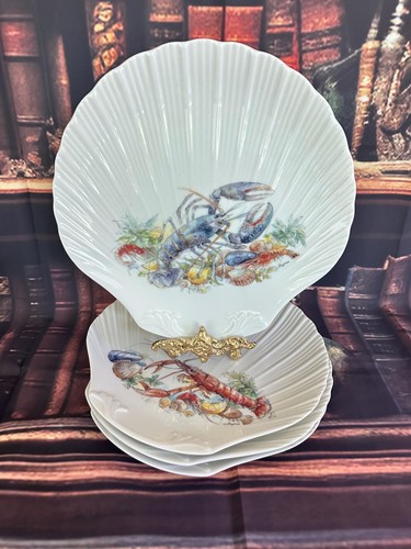Vintage Limoges Scallop Shell Plates: Hand-Painted Lobster Motif, Set ...