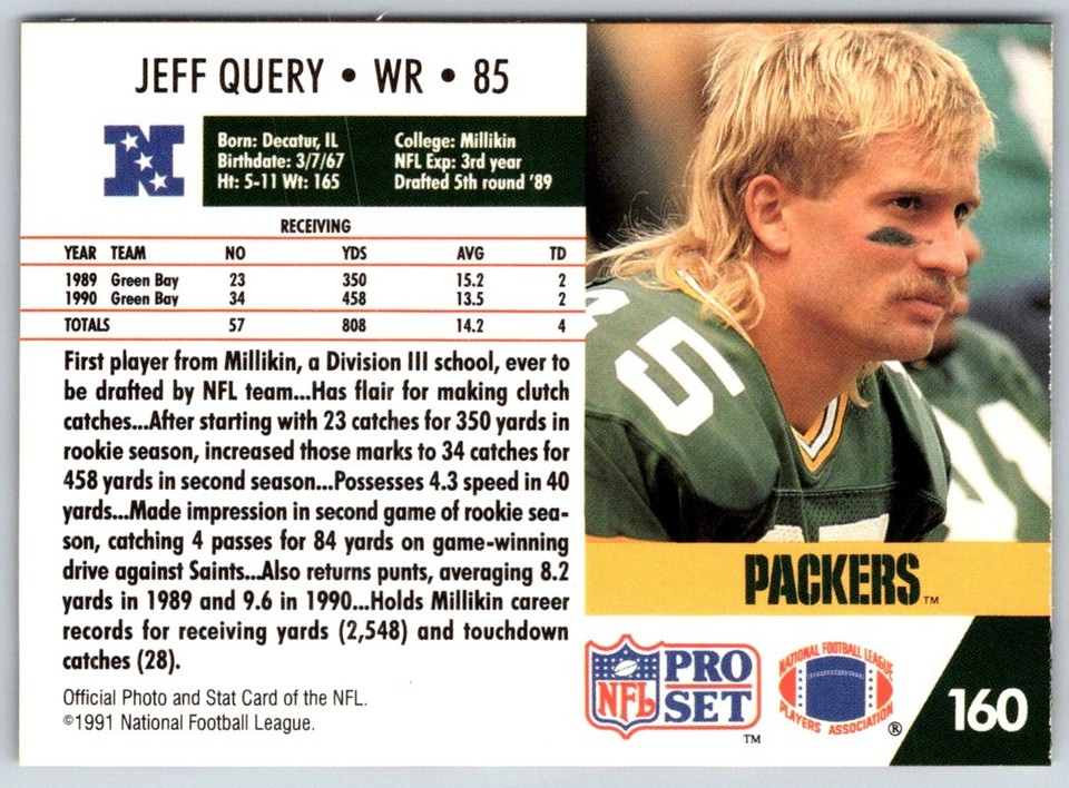 1991 Pro Set Jeff Query #160 Green Bay Packers Football Card | eBay