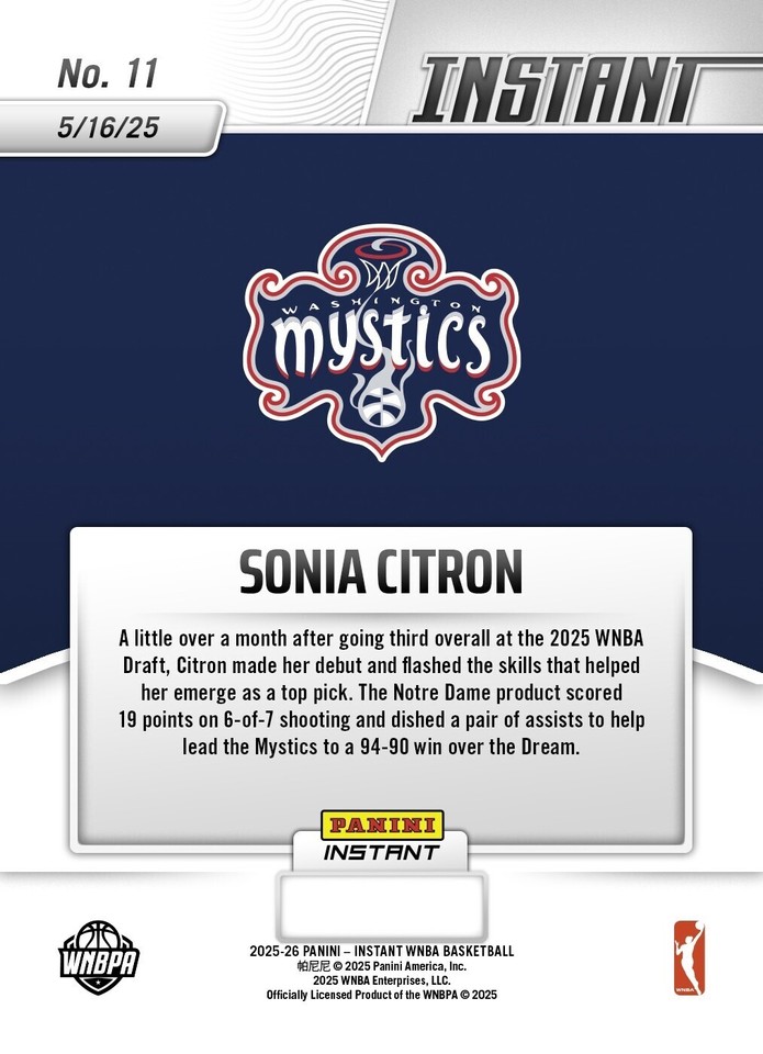 2025 PANINI INSTANT WNBA #11 SONIA CITRON - QTY | eBay