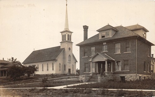 H24/ Hubbardston Michigan RPPC Postcard c1910 Church Parsonage Home 67 ...