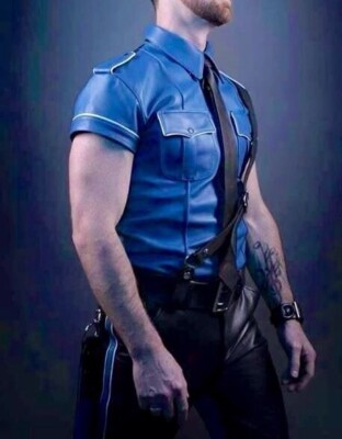 Men's Real Lamb Leather Police Uniform Sexy Short Sleeves Blue Shirt ...