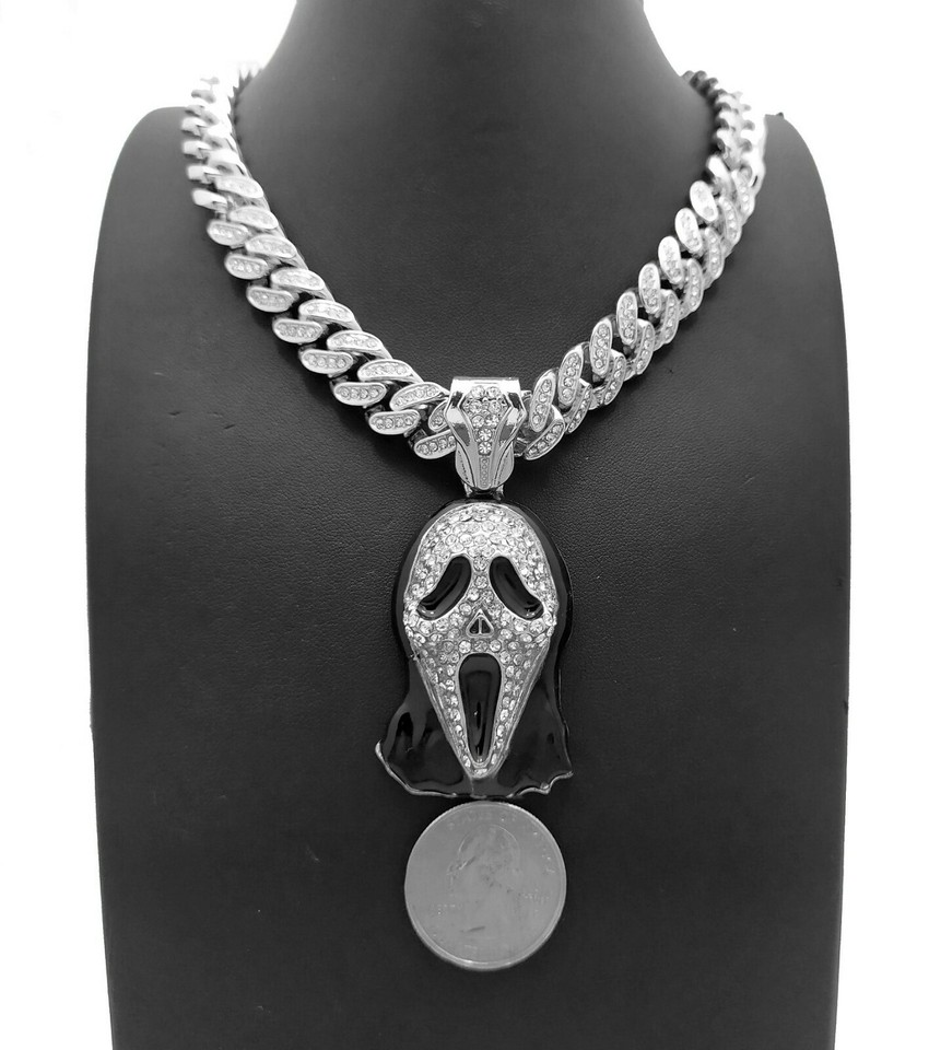 HIP HOP SCREAM MASK PENDANT & 12mm 18" 20" PARTIAL ICED CUBAN CHAIN ...