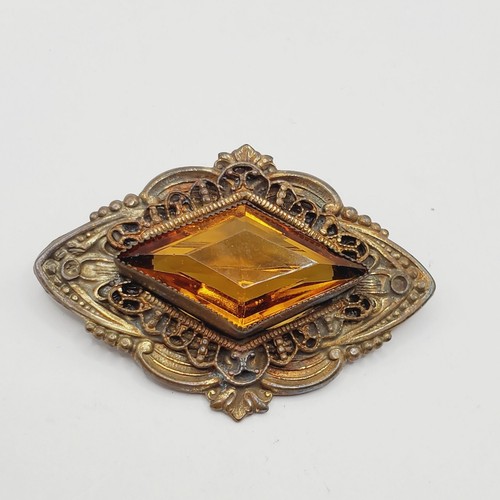 Vintage Victorian Filigree Diamond Shape Gold Amber Tone Brooch | eBay