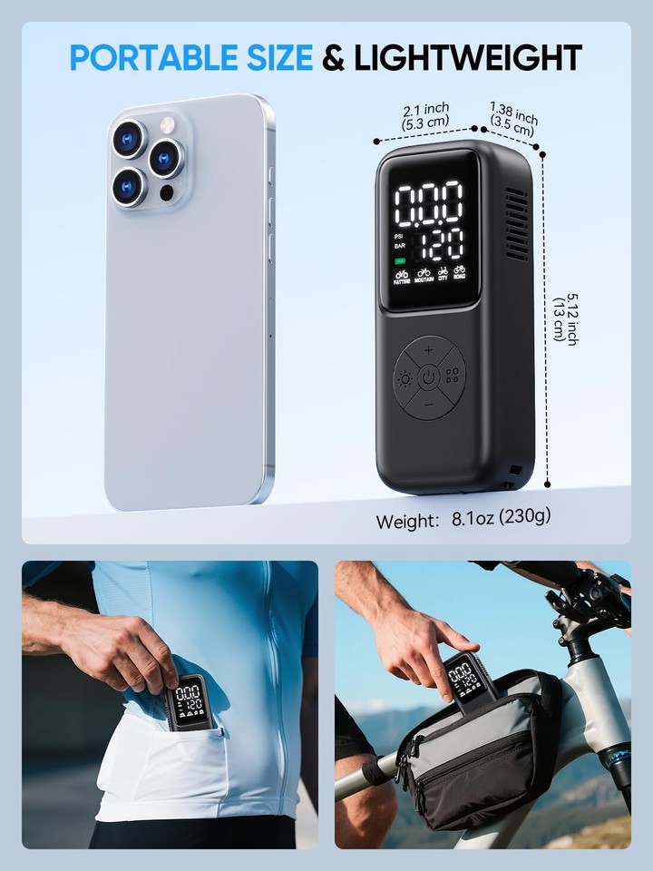 Mini Electric Bike Pump,120 PSI Bike Pump Portable with Guage Auto Stop ...
