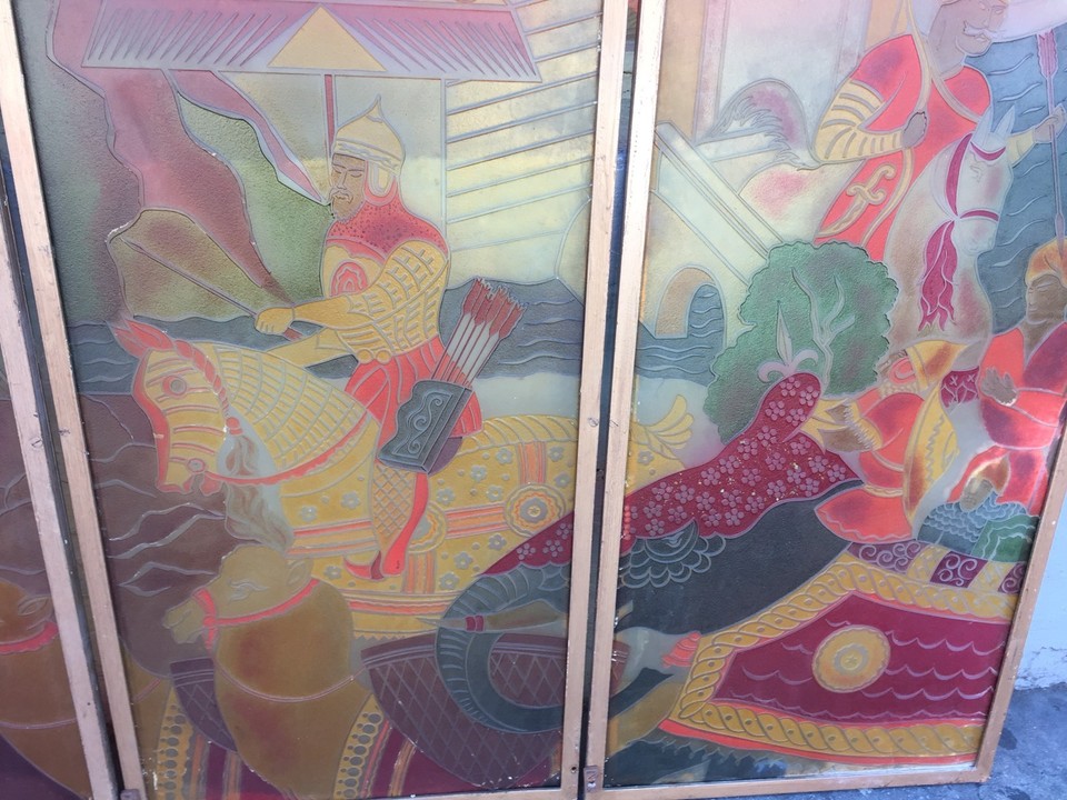 Antique Art Deco Asian Screen Lalique Style Acid Etched Glass Room ...