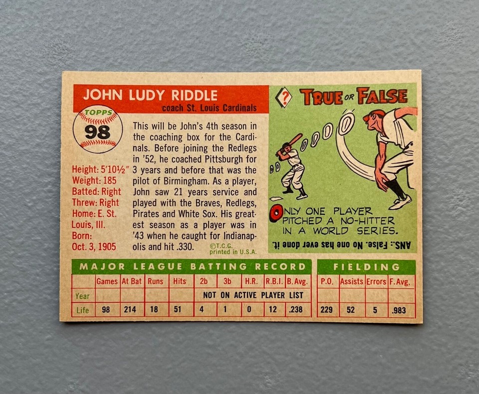 1955 Topps Baseball # 98 Johnny Riddle NM | eBay