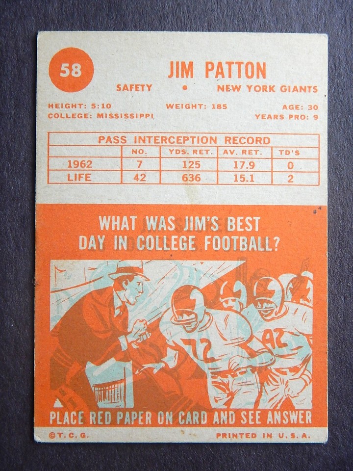 Jim Patton #58 Topps 1963 Football Card (New York Giants) | eBay