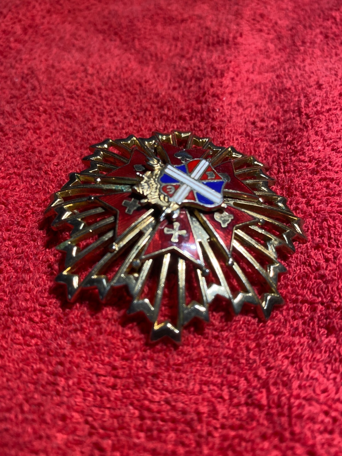 Vintage Heraldic Shield Sunburst Gold Tone Cross Enam… - Gem