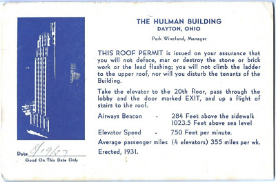 1957 Dayton OH Ohio Hulman Building Roof Permit Elevator Ticket Pass ...