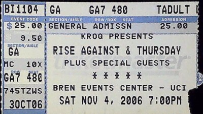 Rise Against Thursday Concert Ticket Stub Bren Events Center Irvine CA ...