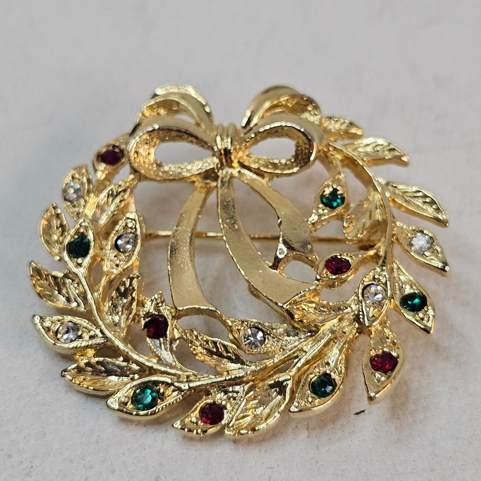 Eisenberg Ice Christmas Wreath Brooch Leaves Bow Green Red Clear ...