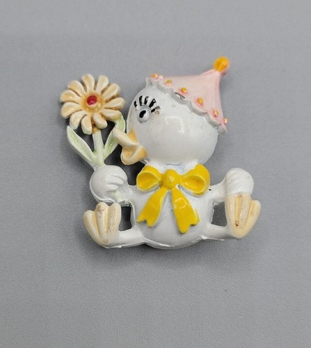 Vintage Little Cartoon Duck Brooch Pin Silly Hat Bow Flower Cheerful ...