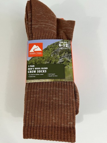 Ozark Trail Men's Crew Socks Merino Wool Blend 3 Pack Cushion Foot 6-12 ...