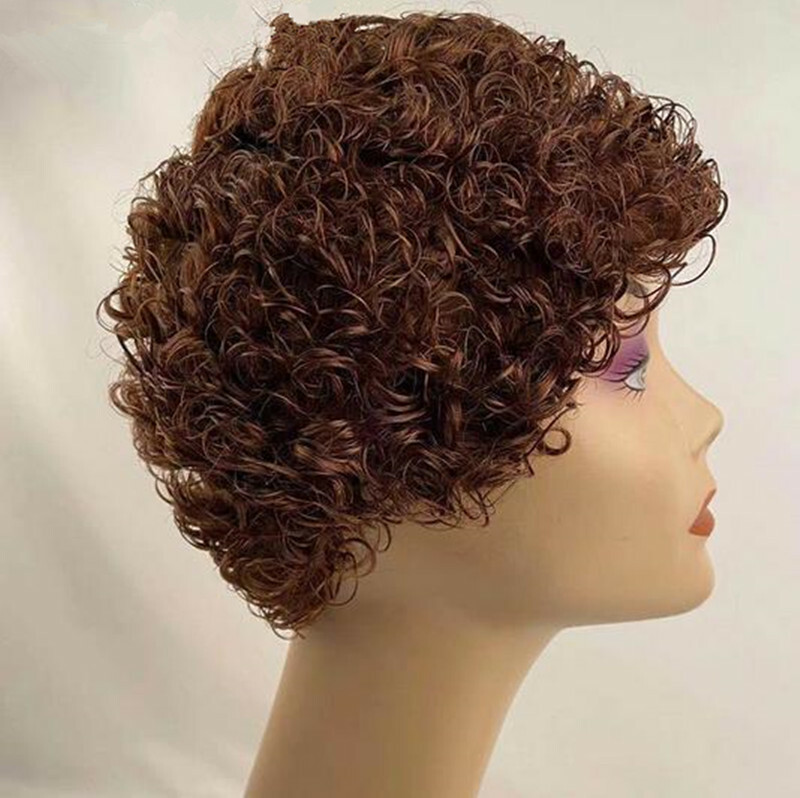 Short Fashion Pixie Cut Curly Brown Human Hair Wig No Lace For Black ...