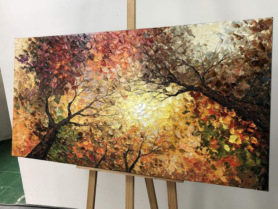 Art,24x48 Inch Modern Hand-Painted Tree Art Oil Painting Acrylic ...