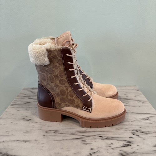 COACH Leighton Signature Shearling Lug Booties Tan Pale Blush Women’s 6 ...