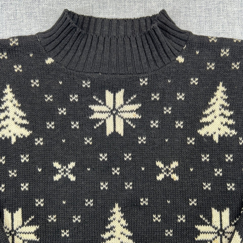 Vintage 80s Alps Sweater Women Medium Black Nordic Snowflake Trees Fair ...