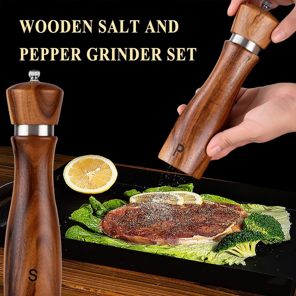 Wooden Salt and Pepper Grinder Set Manual Pepper Mill Refillable Salt ...