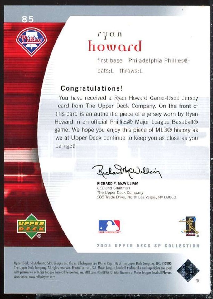 Ryan Howard Card 2005 SP Authentic Jersey #85 | eBay