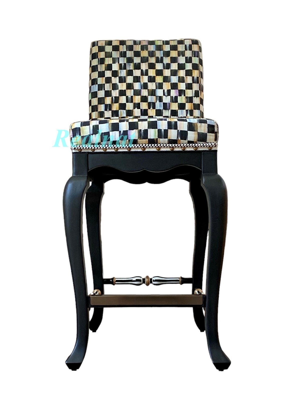 MacKenzie-Childs Courtly Check Black Counter Stool W/ Back Barstool New ...