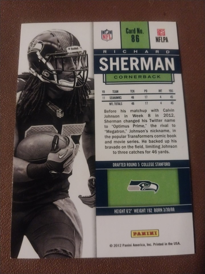 2012 RICHARD SHERMAN PANINI CONTENDERS NFL ROOKIE RC CARD #86 SEATTLE ...