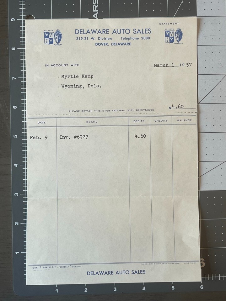 Dover Delaware Vintage Billhead Delaware Auto Sales Car Dealership 1957 ...