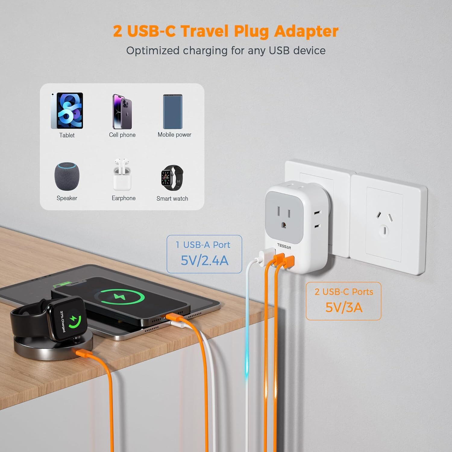 Australia New Zealand Power Adapter Type I Plug 4 Outlets 3 USB (2 USB ...