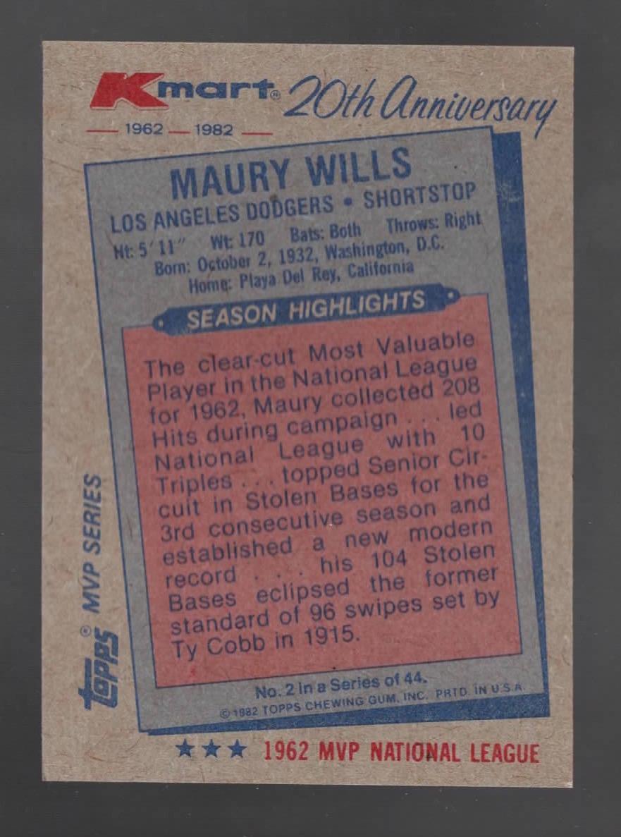 1982 Topps Kmart 20th Anniversary Maury Wills Los Angeles Dodgers #2 ...
