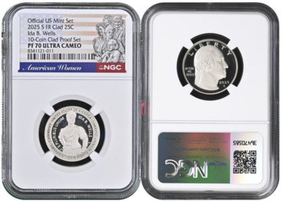 2025 S Clad Quarter 25C Ida B. Wells From 10 Coin Proof NGC PF70 UCAMEO ...