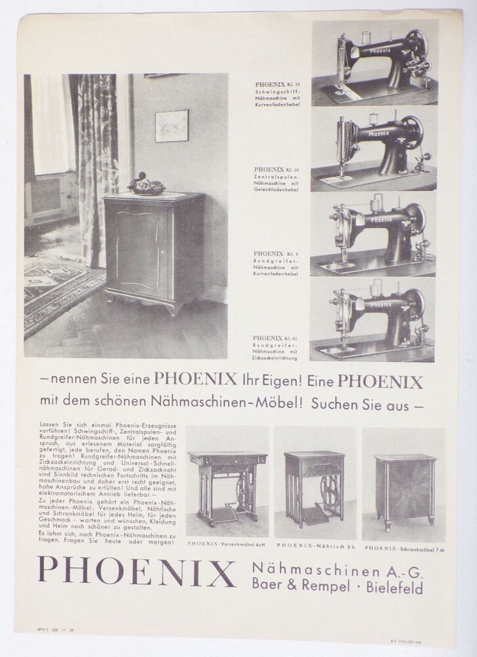 Phoenix Sewing Machine Advertising Leaflet Baer Rempel Bielefeld 1936 ...