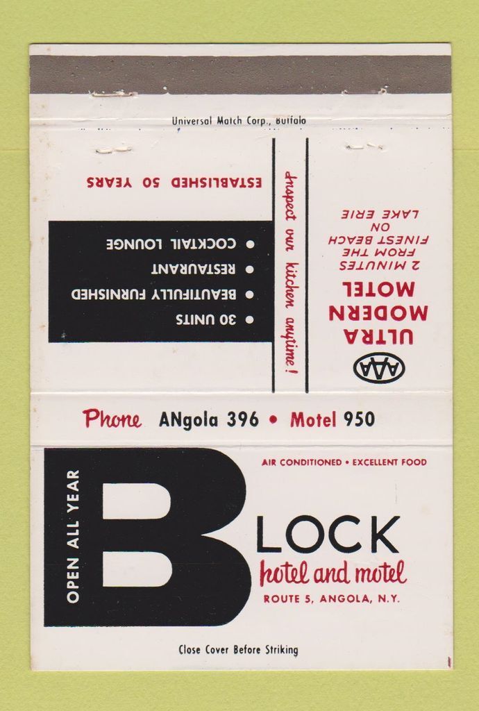 Matchbook Cover - Block Hotel Motel Angola NY 40 Strike | eBay