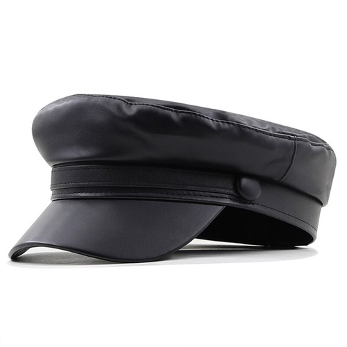 Women Faux Leather Fiddler Cap Captain Sailor Hat Flat Cabbie Beret ...