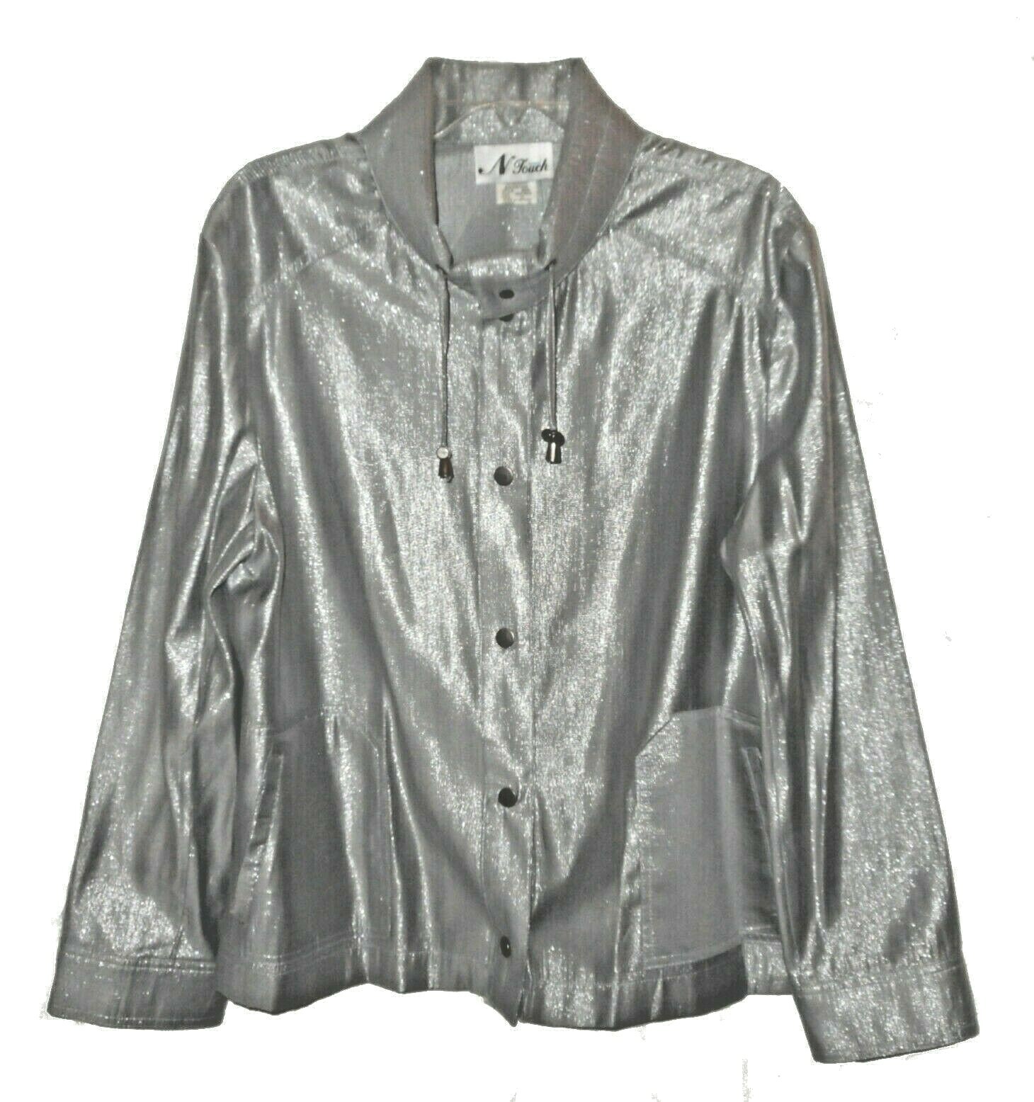 New Jacket N Touch Shiny Silver-Grey Snap-Closure Drawstring-Collar ...
