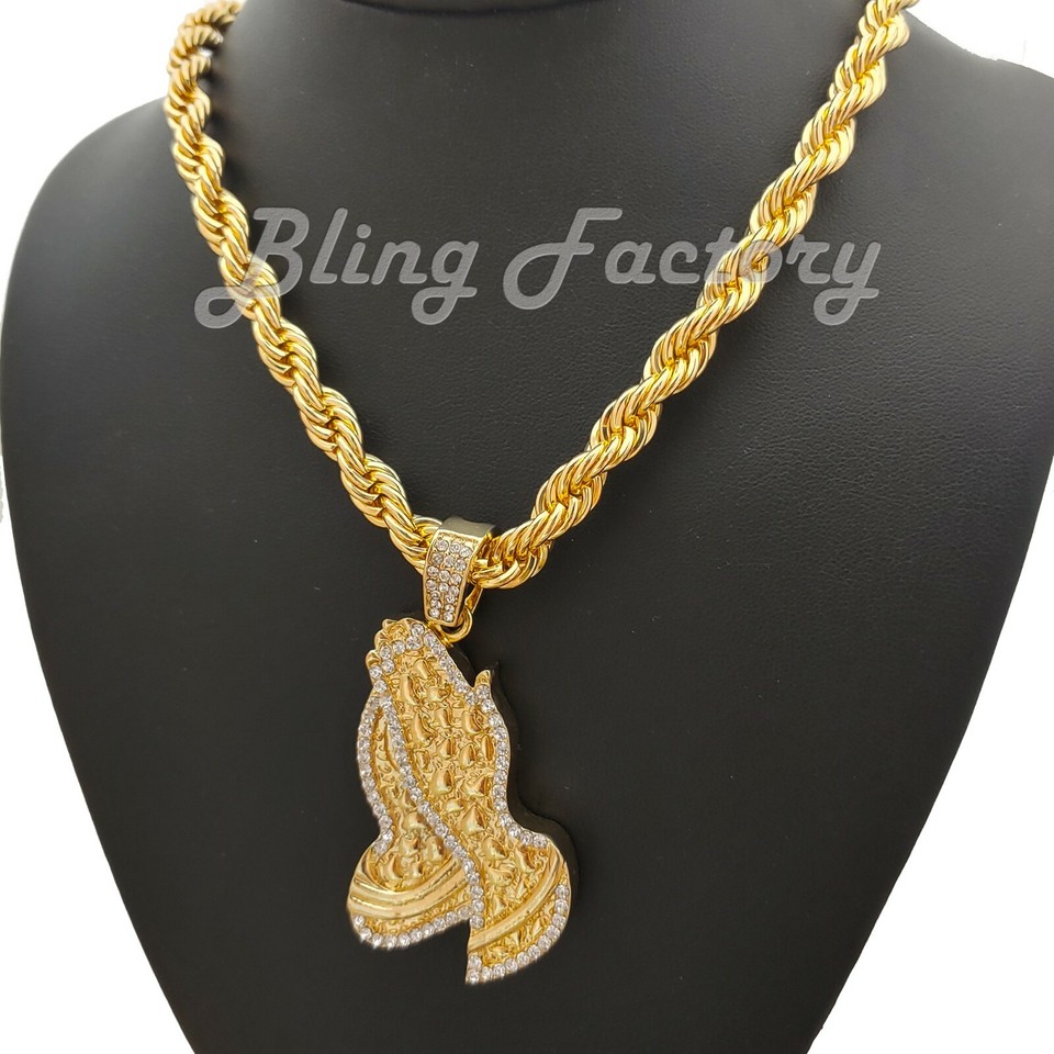 Iced Golden Nugget Praying Hands Pendant & 8mm 24" Thick Rope Chain ...