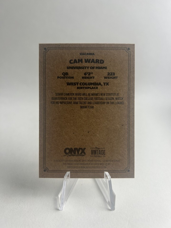 2024 Onyx Vintage Cam Ward Autograph Miami Hurricanes Number 1 Pick ...
