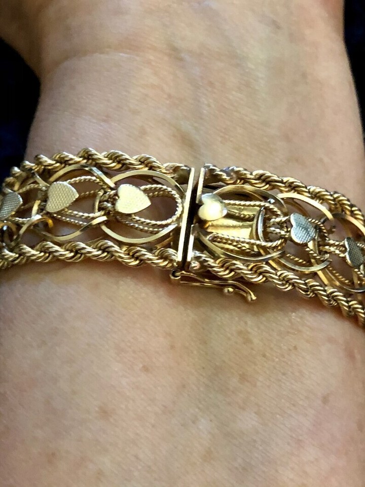 Vintage Solid 14K Yellow Gold Heart Rope Chain Design Link Bracelet 7 1 ...