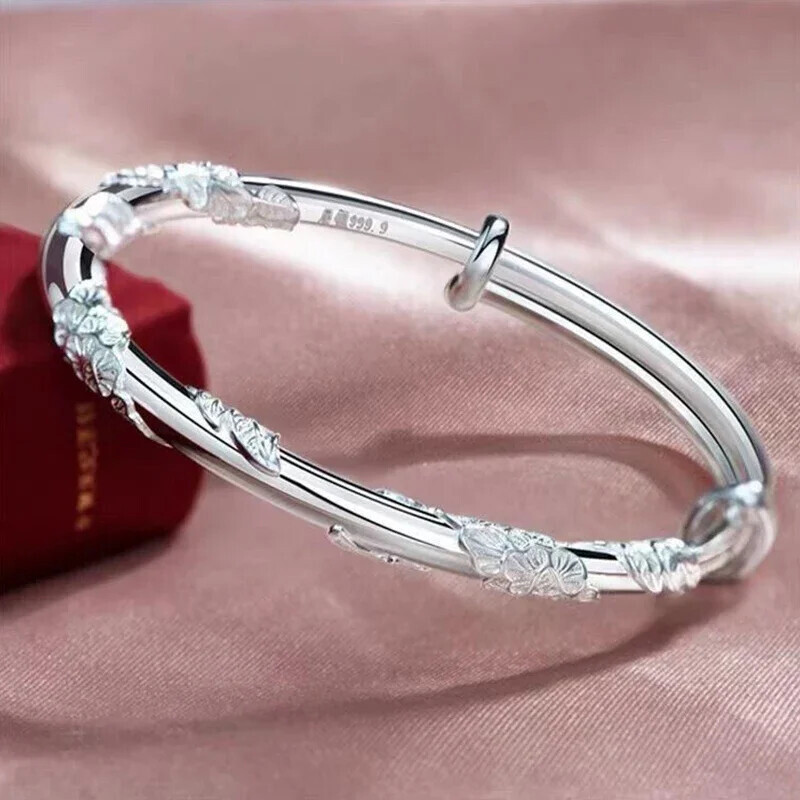 925 Sterling Silver Flowers Bracelet For Women's Open Adjustable Bangle Jewelry | eBay