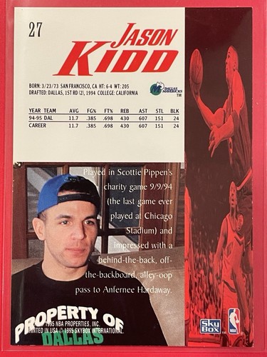 1995-96 Skybox Premium Jason Kidd #27 Basketball Dallas Mavericks HOF ...