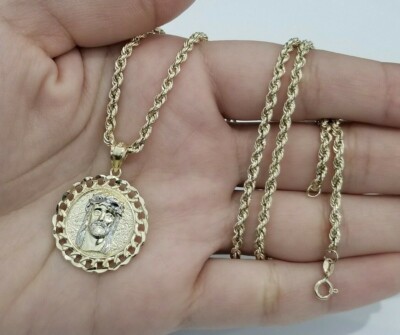 Clearance 10K Yellow White Gold Jesus Rope Chain 18' Medallion Pendant ...