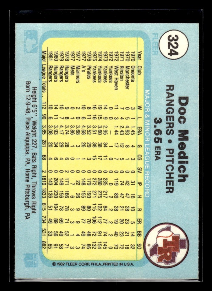 1982 Fleer Baseball #324 Doc Medich "Set Break" Mint Texas Rangers | eBay