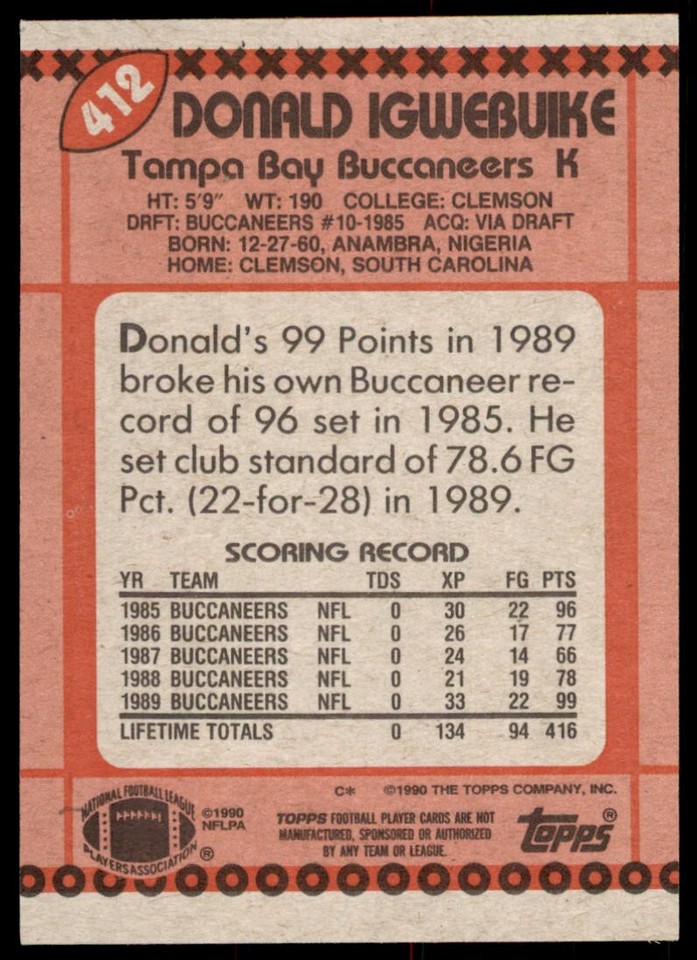 1990 Topps Donald Igwebuike Tampa Bay Buccaneers #412 | eBay