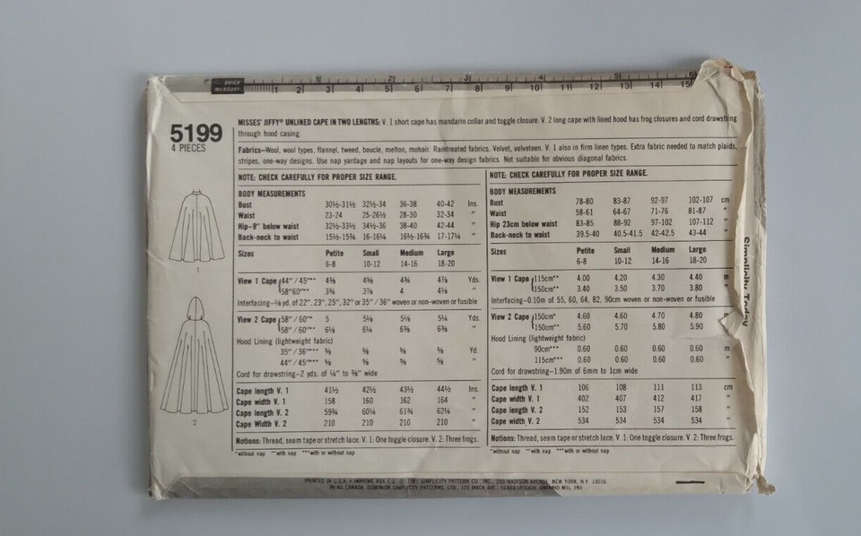VINTAGE SIMPLICITY #5199 MISSES SIZE 10-12 Unlined CAPE in 2 Lengths ...