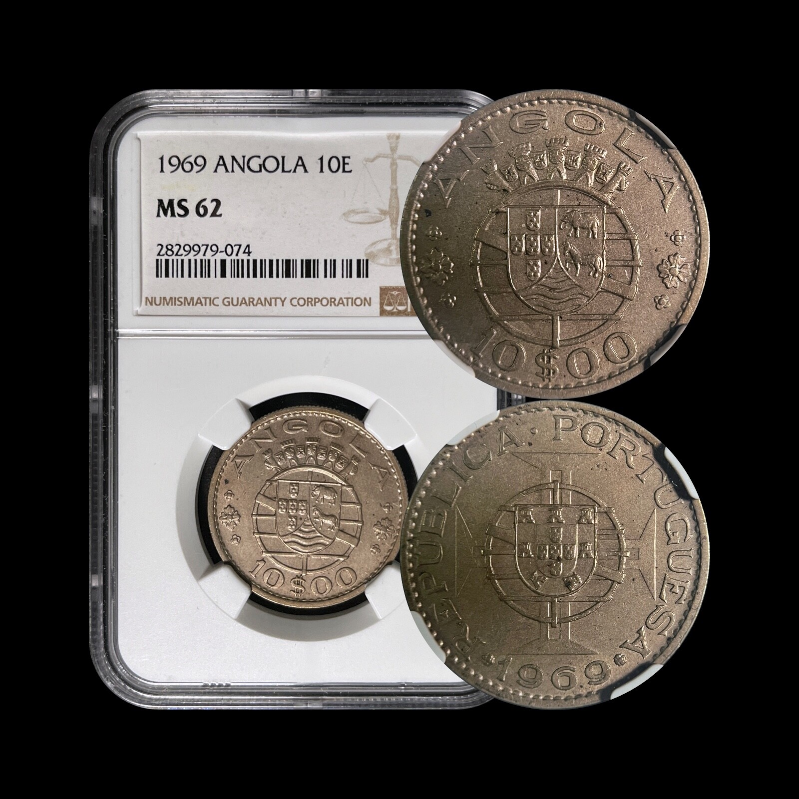 ANGOLA. 1969, 10 Escudos - NGC MS62 - Coat of Arms, Elephant, Zebra | eBay