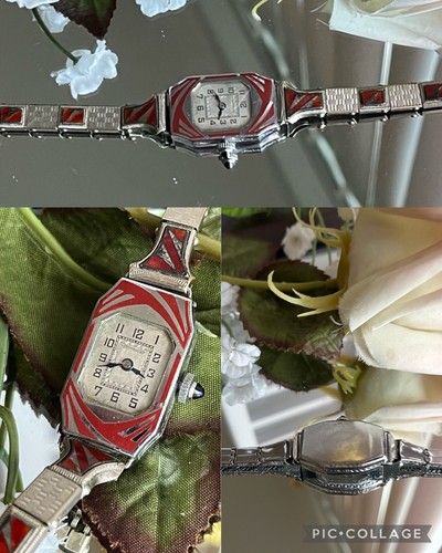 1930’s Ladies Art Deco Enamel Banner Watch~ Enamel Matching Filigree ...