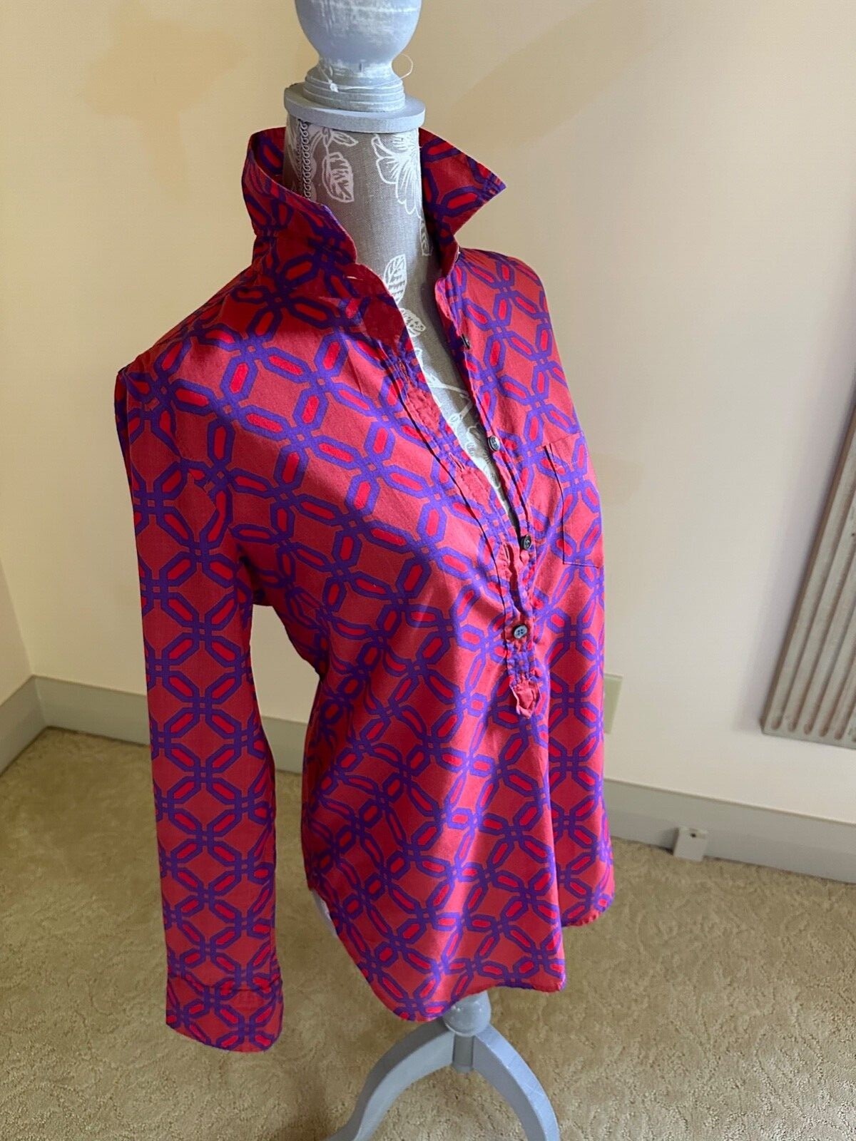 J Crew Red Popover Geometric Print Tunic Blouse Collared Women’s Size 2 ...