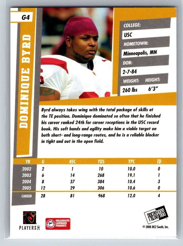 2006 Press Pass SE Dominique Byrd Rookie Gold Parallel RC #G4 | eBay