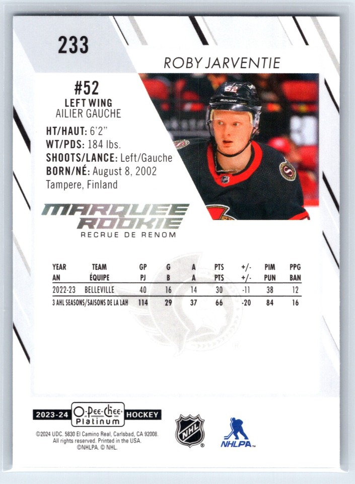 2023-24 OPC O-Pee-Chee Platinum Marquee Rookie #233 ROBY JARVENTIE ...