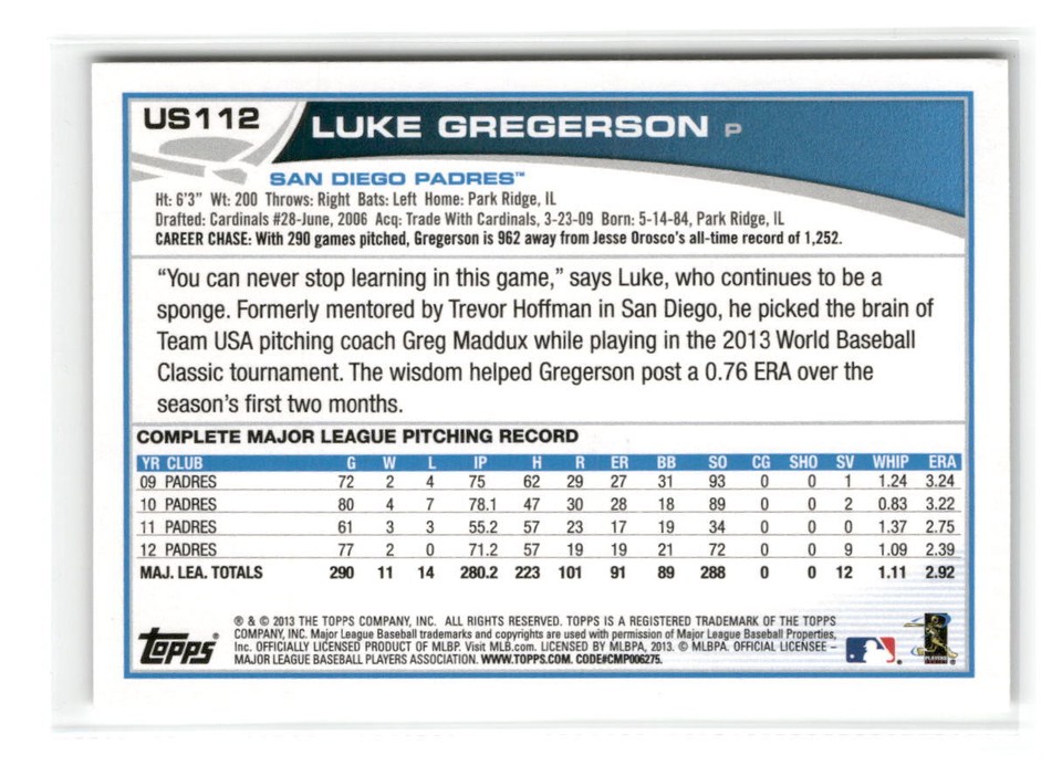 2013 Topps Update - #US112 - Luke Gregerson - San Diego Padres | eBay