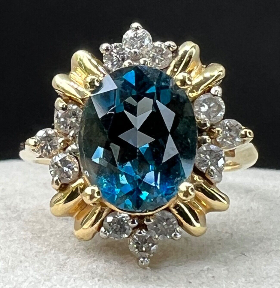 Vintage 14K Yellow Gold Blue Topaz & Diamonds Starburst Cocktail Ring ...