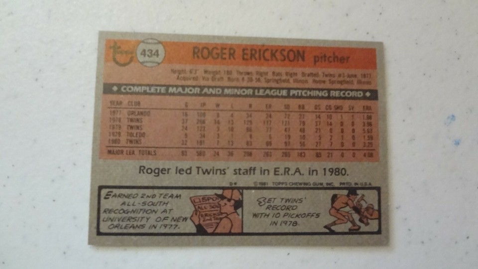 1981 TOPPS # 434 ROGER ERICKSON BASEBALL CARD | eBay